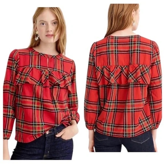J. Crew | Tops | New Jcrew Ruffle Red Tartan Plaid Popover Cotton Flannel Shirt 34 Sleeves Xl ...